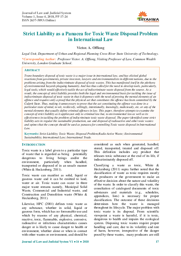 (PDF) Strict Liability as a Panacea for Toxic Waste Disposal Problem in ...