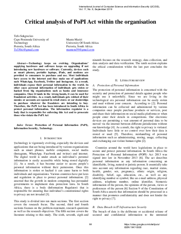 (PDF) Critical analysis of the adoption of PoPI Act within the Organisation
