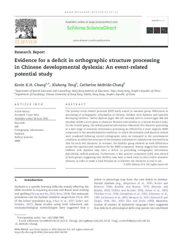 (PDF) Evidence for a deficit in orthographic structure processing in Chinese developmental ...