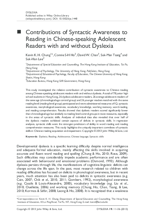 (PDF) Contributions of Syntactic Awareness to Reading in Chinese-speaking Adolescent Readers ...