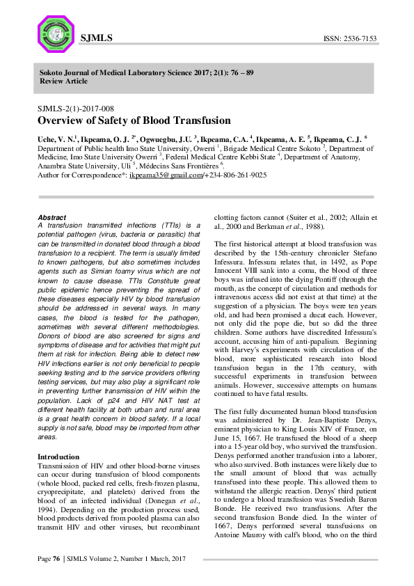 (PDF) Overview of Safety of Blood Transfusion