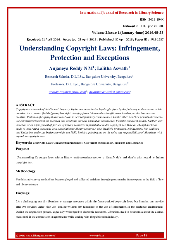 (PDF) Understanding Copyright Laws: Infringement, Protection and Exceptions