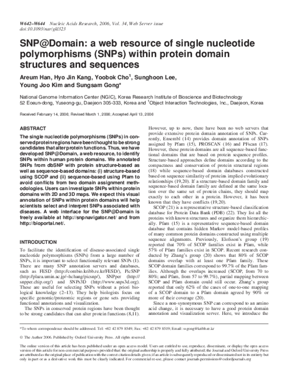 (PDF) SNP@Domain: a web resource of single nucleotide polymorphisms (SNPs) within protein domain ...