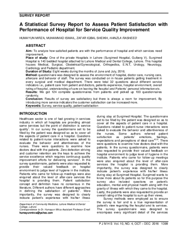 (PDF) A Statistical Survey Report to Assess Patient Satisfaction with ...