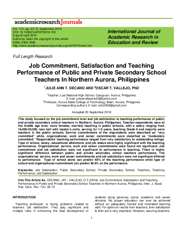 (PDF) Job Commitment, Satisfaction and Teaching Performance of Public and Private Secondary ...