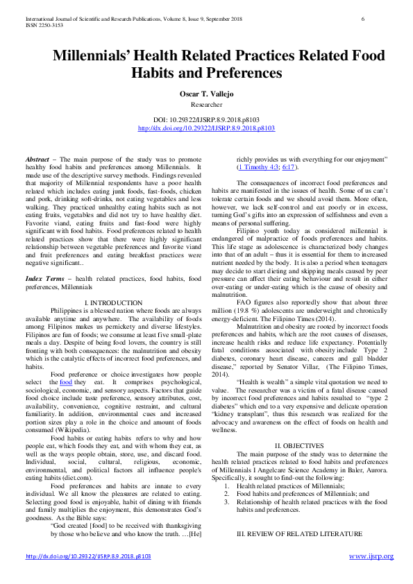(PDF) Millennials' Health Related Practices Related Food Habits and ...