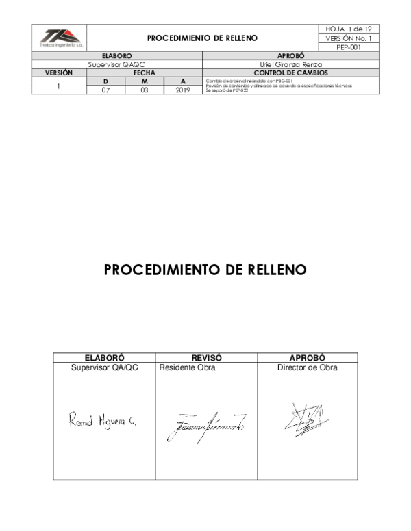 (DOC) PEP-001 PROCEDIMIENTO RELLENO