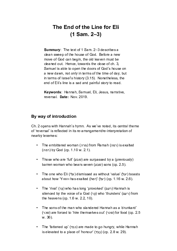 (PDF) The End of the Line for Eli (1 Sam. 2–3)