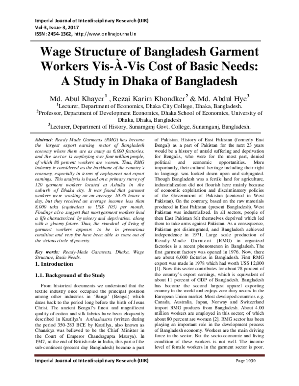(PDF) Wage Structure of Bangladesh Garment Workers Vis-À-Vis Cost of Basic Needs: A Study in ...