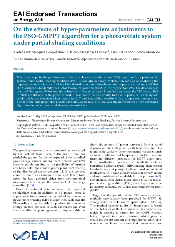Pdf On The Effects Of Hyper Parameters Adjustments To The Pso Gmppt Algorithm For A 7602