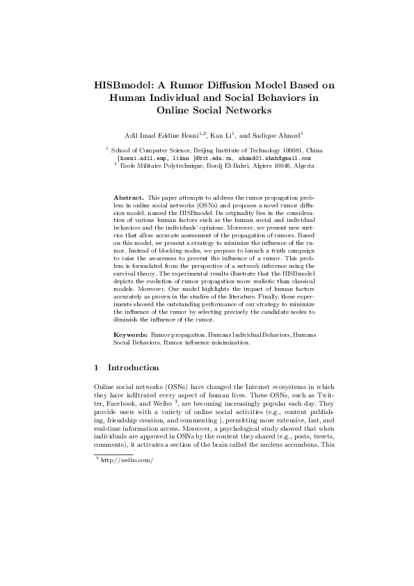 (PDF) HISBmodel: A Rumor Diffusion Model Based on Human Individual and ...
