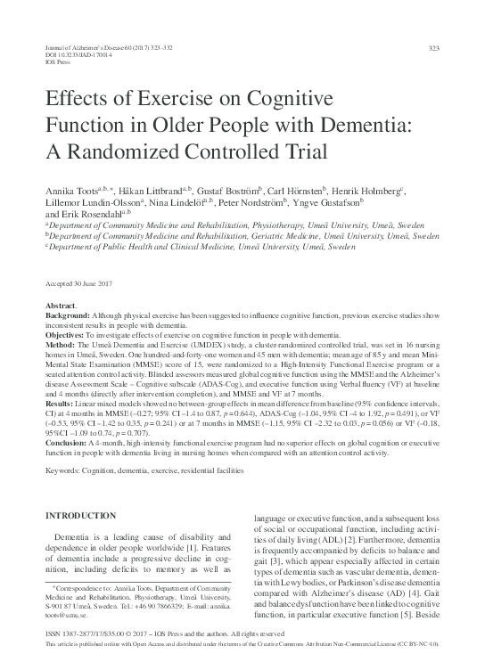 (PDF) Effects of Exercise on Cognitive Function in Older People with Dementia: A Randomized ...
