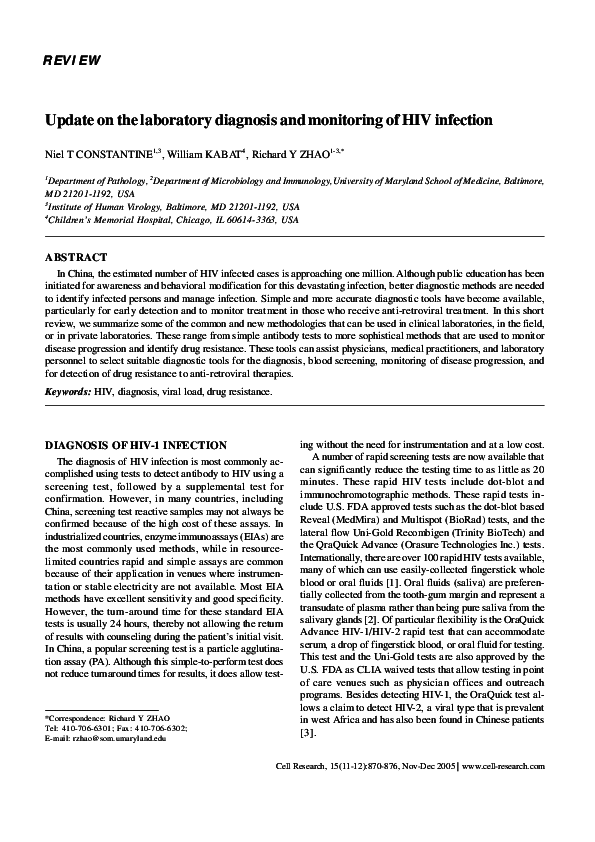 (PDF) Update on the laboratory diagnosis and monitoring of HIV infection