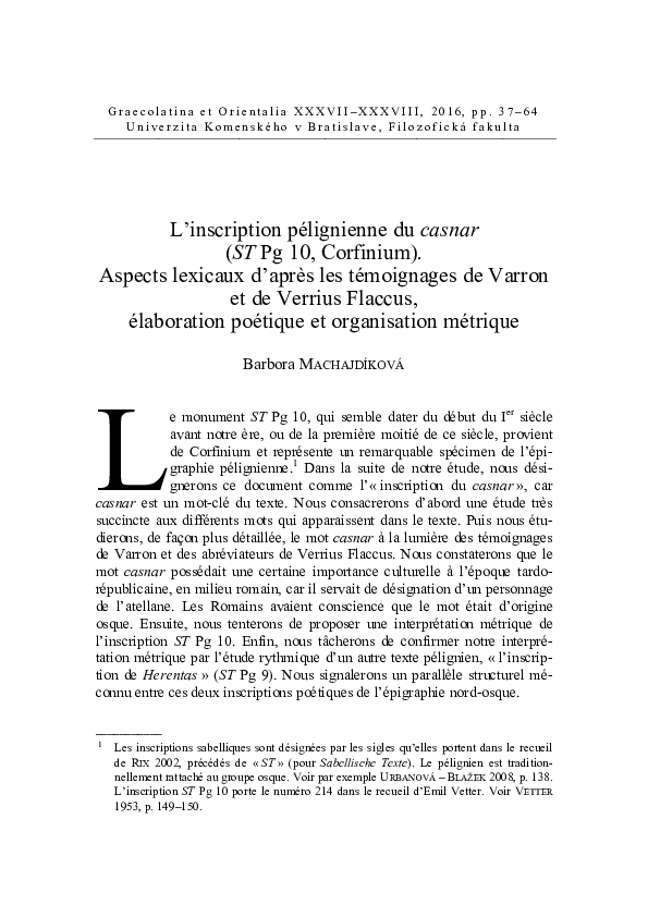 (PDF) L’inscription pélignienne du casnar (ST Pg 10, Corfinium ...