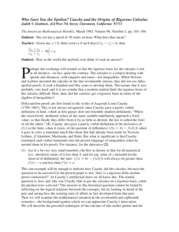 (PDF) Who Gave You the Epsilon? Cauchy and the Origins of Rigorous Calculus