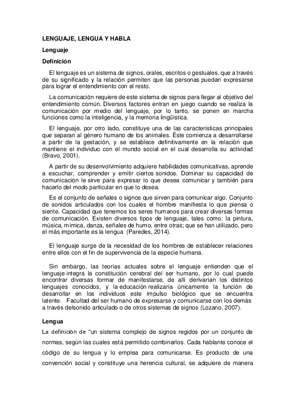 (DOC) LENGUAJE, LENGUA Y HABLA Lenguaje Definición