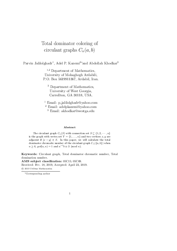 (PDF) Total dominator coloring of circulant graphs C_n (a, b)