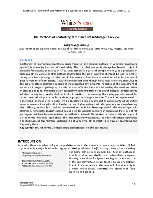 (PDF) The Methods of Controlling Yam Tuber Rot in Storage: A review