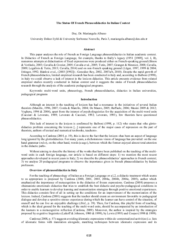 (PDF) The Status of French Phraseodidactics In Italian Context ...