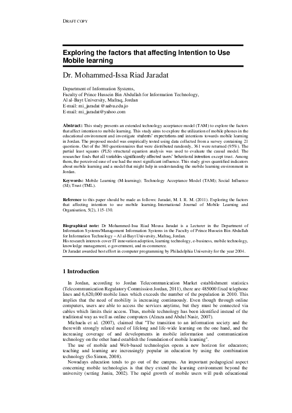 (PDF) Exploring the factors that affecting Intention to Use Mobile learning