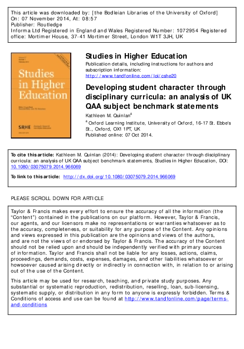 (PDF) Developing student character through disciplinary curricula: an ...