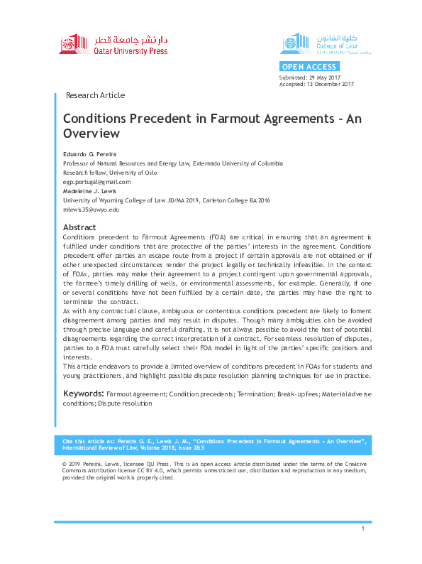 (PDF) Conditions Precedent in Farmout Agreements - An Overview