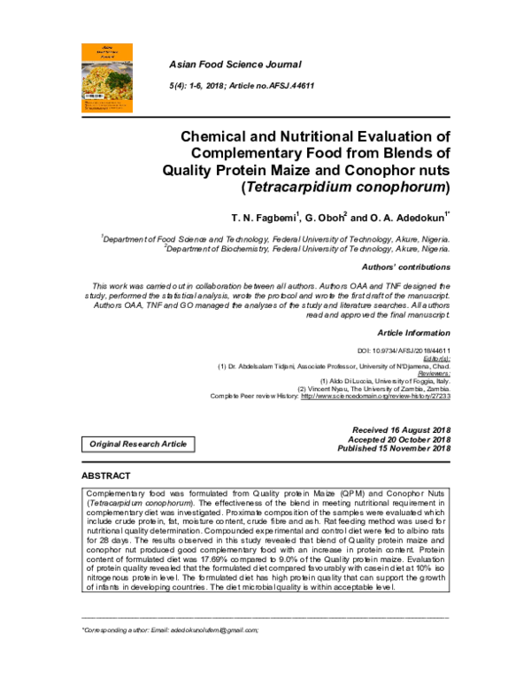 (PDF) Chemical and Nutritional Evaluation of Complementary Food from ...