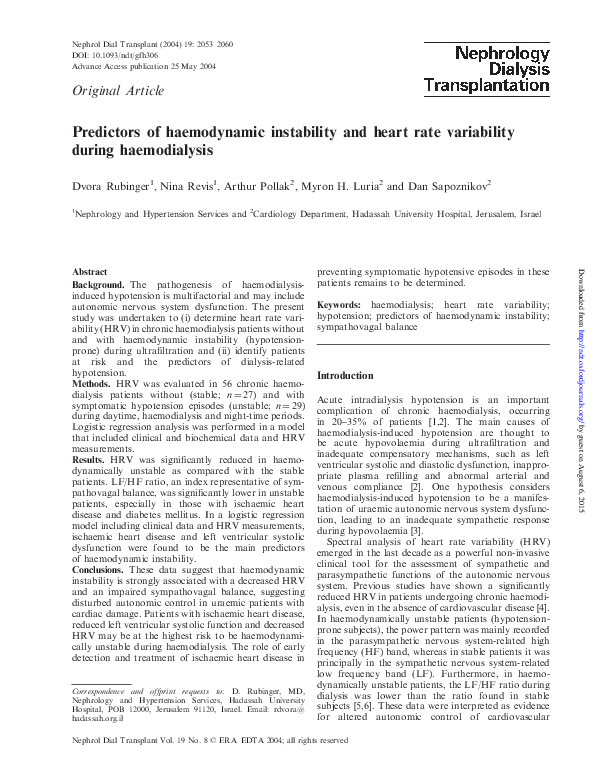 (PDF) Predictors of haemodynamic instability and heart rate variability ...