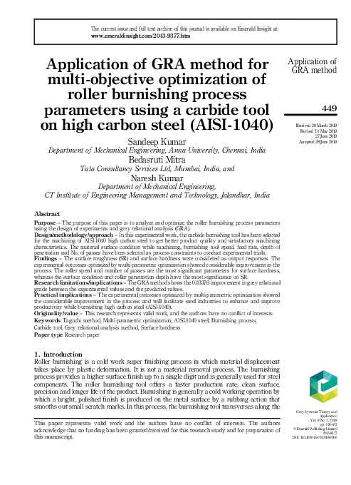 (PDF) Application of GRA method for multi-objective optimization of roller burnishing process ...