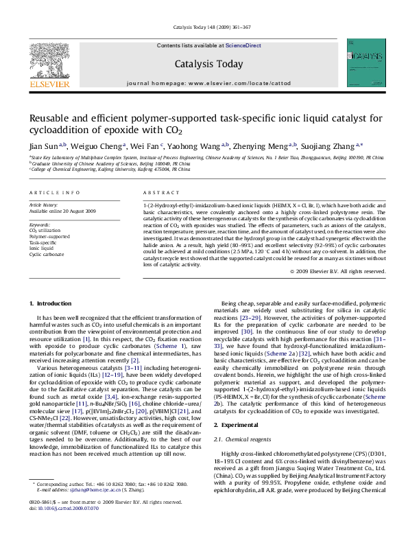 Pdf Reusable And Efficient Polymer Supported Task Specific Ionic Liquid Catalyst For