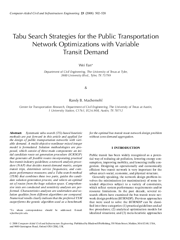 (PDF) Tabu Search Strategies for the Public Transportation Network Optimizations with Variable ...