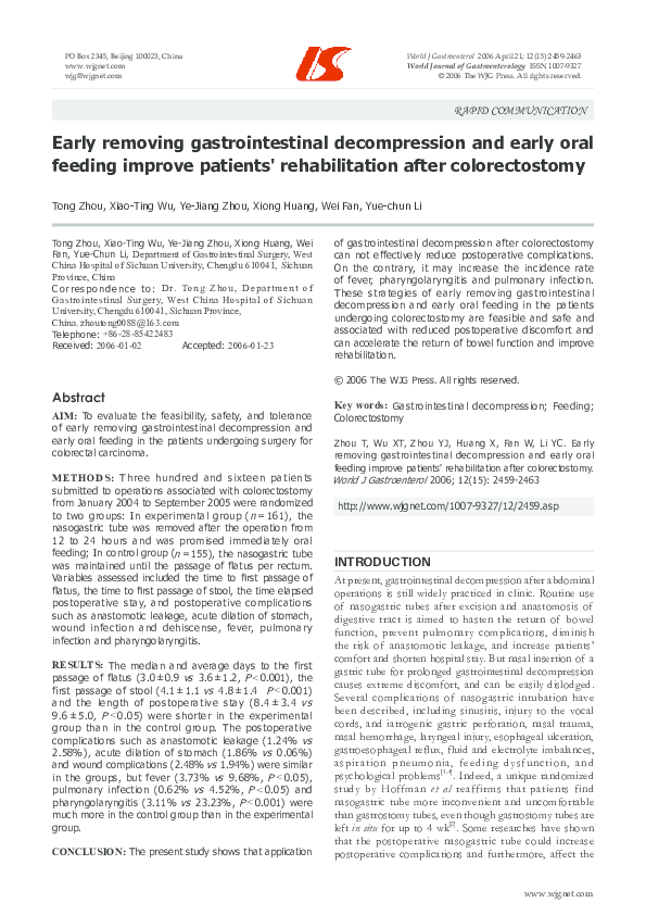 (PDF) Early removing gastrointestinal decompression and early oral ...