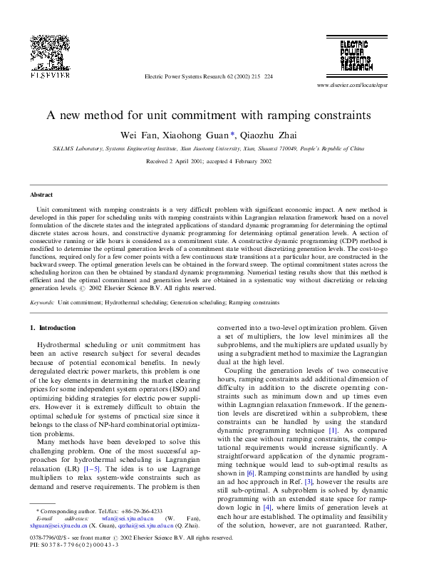Pdf A New Method For Unit Commitment With Ramping Constraints