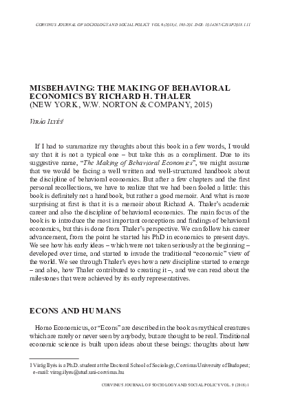 (PDF) MISBEHAVING: THE MAKING OF BEHAVIORAL ECONOMICS