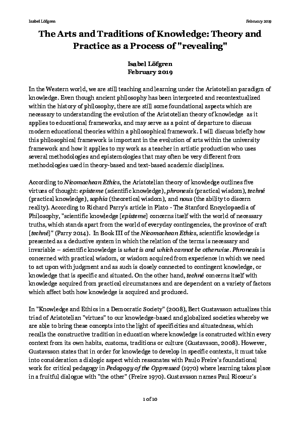 (PDF) The Arts and Traditions of Knowledge: Theory and Practice as a ...