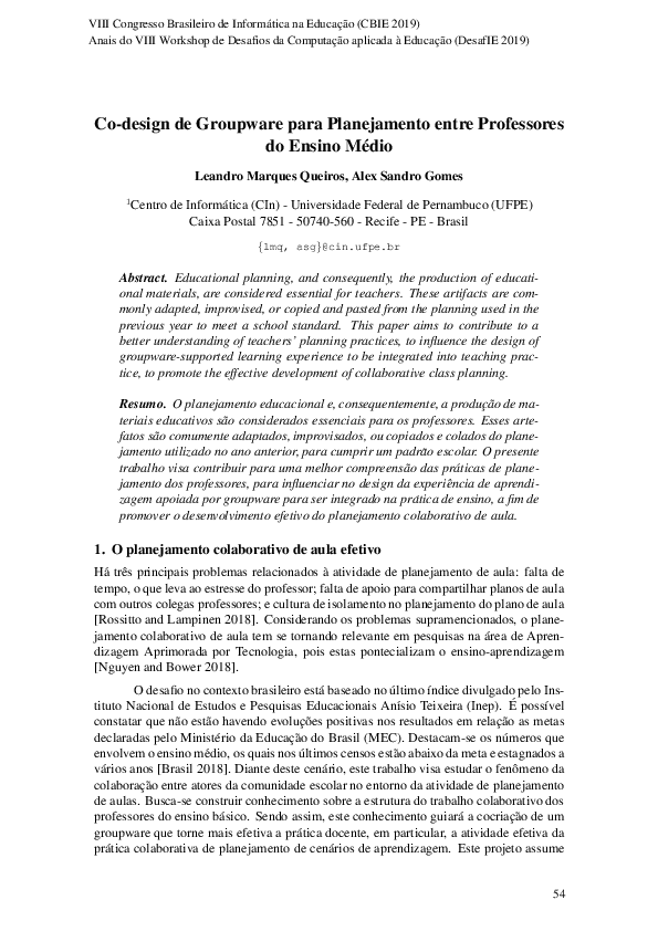 (PDF) Co-design de Groupware para Planejamento entre Professores do Ensino Médio
