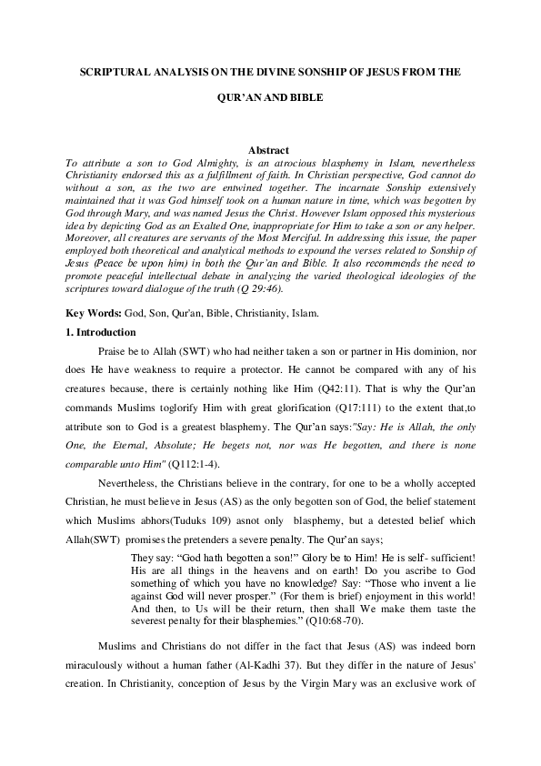 (DOC) SCRIPTURAL ANALYSIS ON THE DIVINE SONSHIP OF JESUS FROM THE QUR’AN AND BIBLE