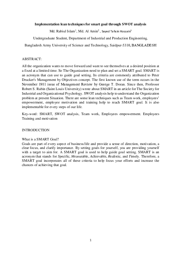 (PDF) Implementation lean techniques for smart goal through SWOT analysis