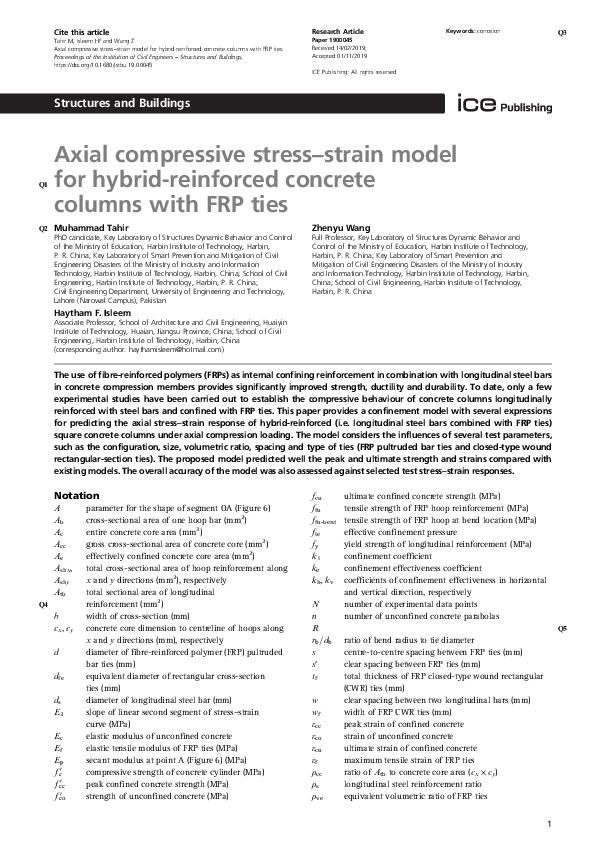 (PDF) Axial compressive stress-strain model for hybrid-reinforced concrete columns confined with ...