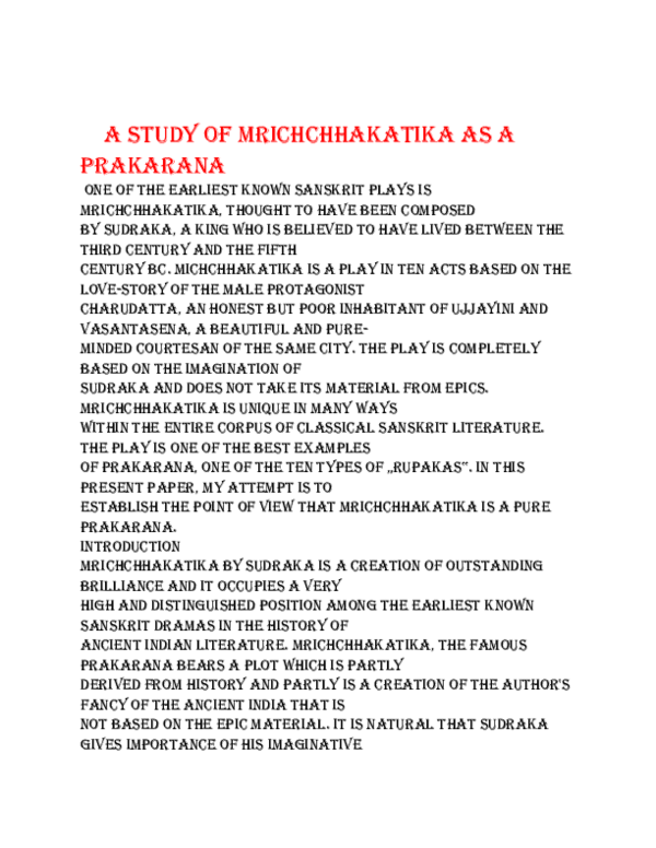 (DOC) A Study of Mrichchhakatika as a prAkarana