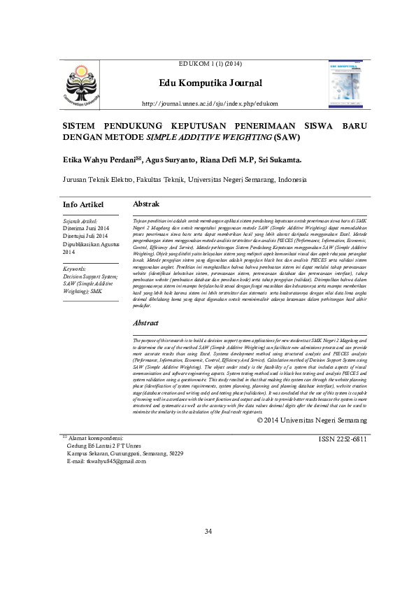 (PDF) Edu Komputika Journal SISTEM PENDUKUNG KEPUTUSAN PENERIMAAN SISWA BARU DENGAN METODE ...