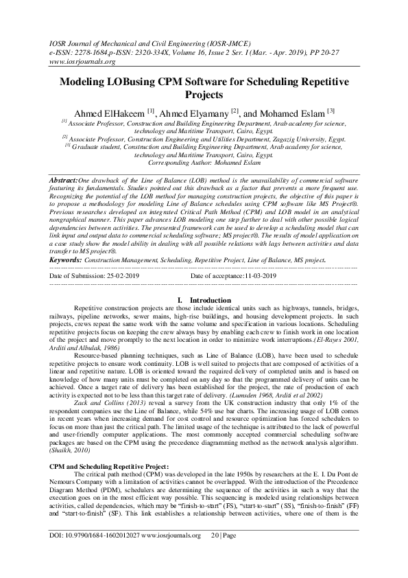 (PDF) Modeling LOB using CPM Software for Scheduling Repetitive Projects