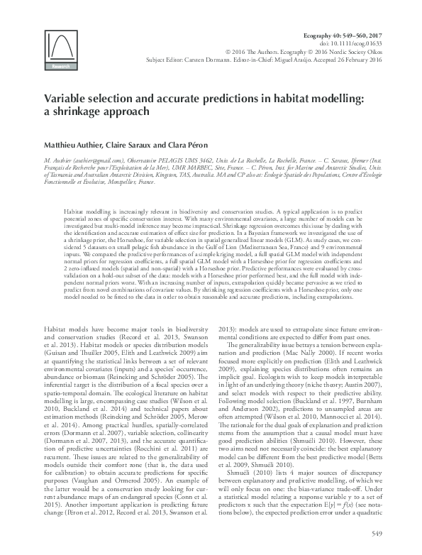 Pdf Variable Selection And Accurate Predictions In Habitat Modelling A Shrinkage Approach