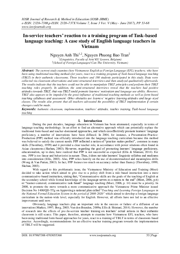 (PDF) In-service teachers' reaction to a training program of Task-based language teaching: A ...