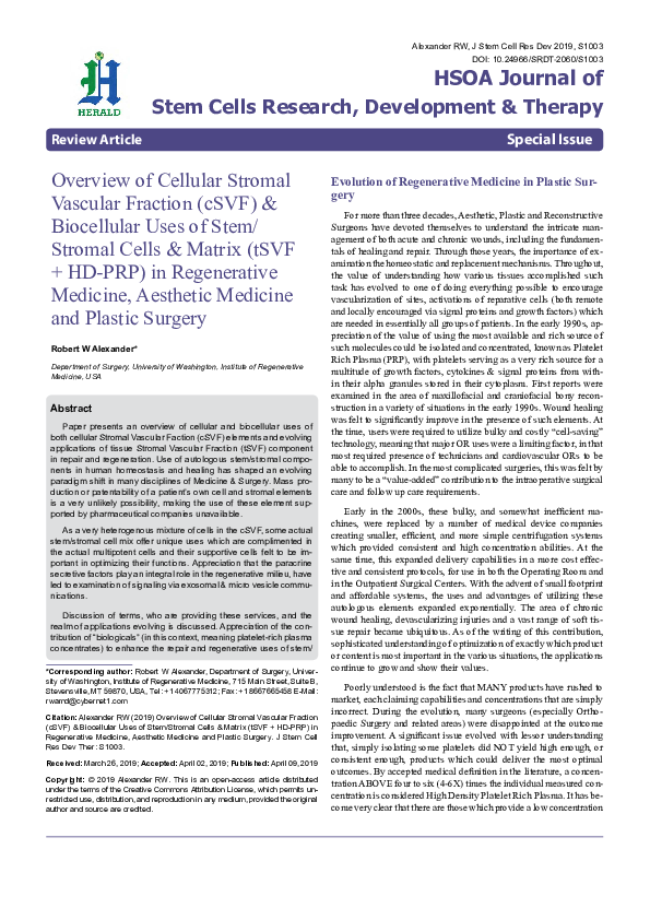 (PDF) Overview cSVF & Biocellular Therapy in J Stem Cell Research, Dev and Therapy April