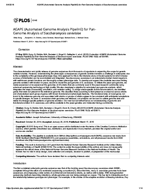 (PDF) AGAPE (Automated Genome Analysis PipelinE) for pan-genome analysis of Saccharomyces cerevisiae