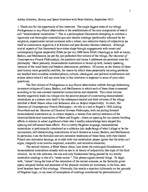 (PDF) An Interview with Adrian Johnston on Transcendental Materialism ...