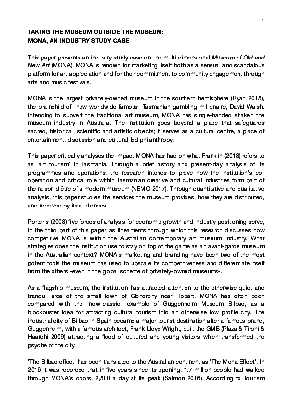 (PDF) TAKING THE MUSEUM OUTSIDE THE MUSEUM: MONA, AN INDUSTRY STUDY CASE
