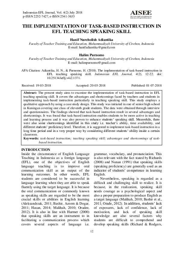 (PDF) IMPLEMENTATION OF TASK-BASED INSTRUCTION IN EFL TEACHING SPEAKING SKILL