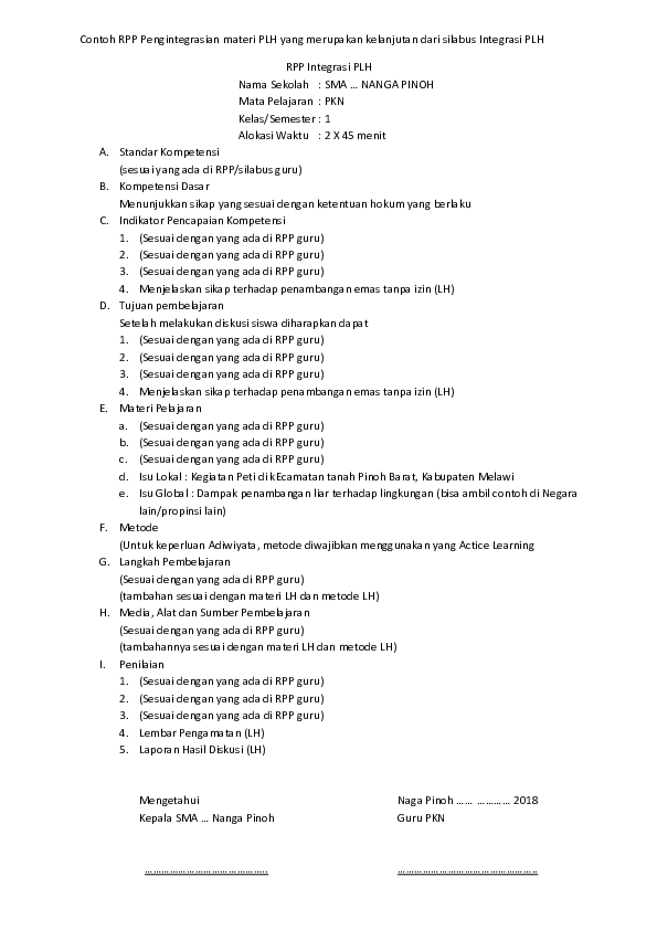 (DOC) Contoh Silabus n RPP Integrasi PLH